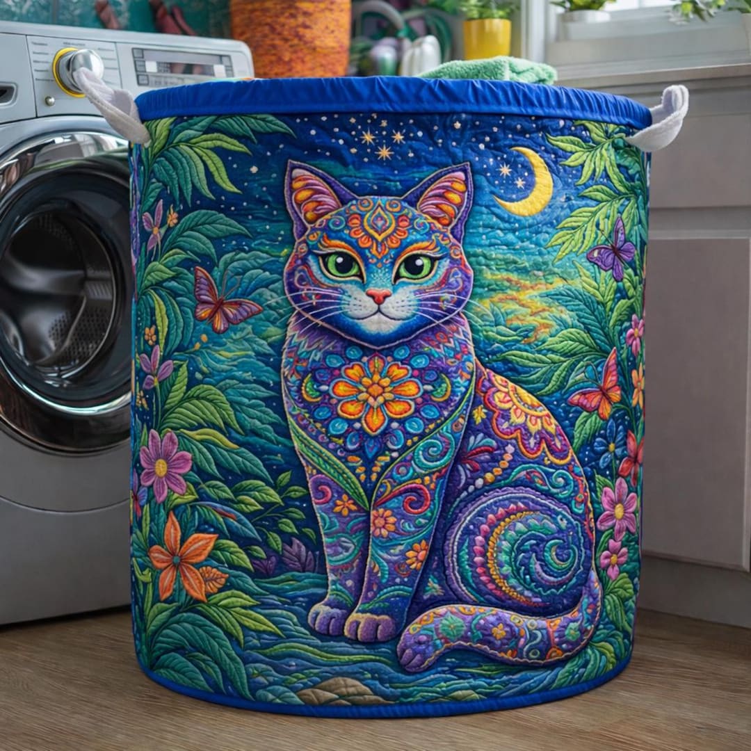 Colorful Cat Quilted Laundry Basket, Fabric Storage Bin, Cute Nursery ...