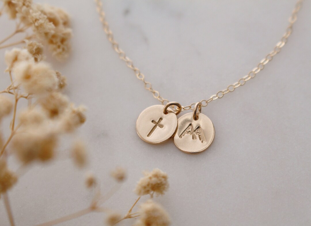 Faith Disc Necklace, Cross and Mountain Charm, 14k Gold Fill or ...