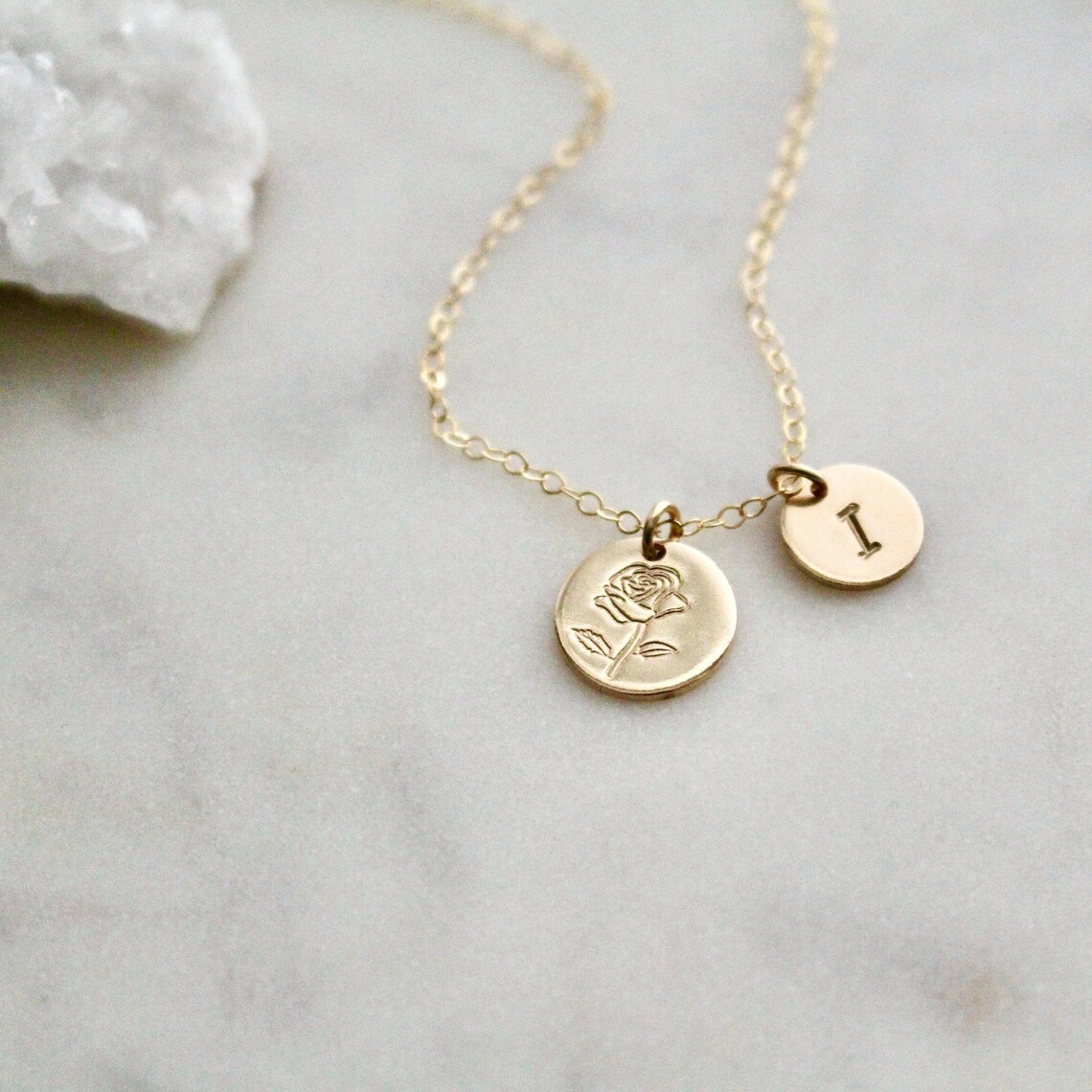 Rose Flower Necklace Small Rose Charm Necklace Rose Initial | Etsy