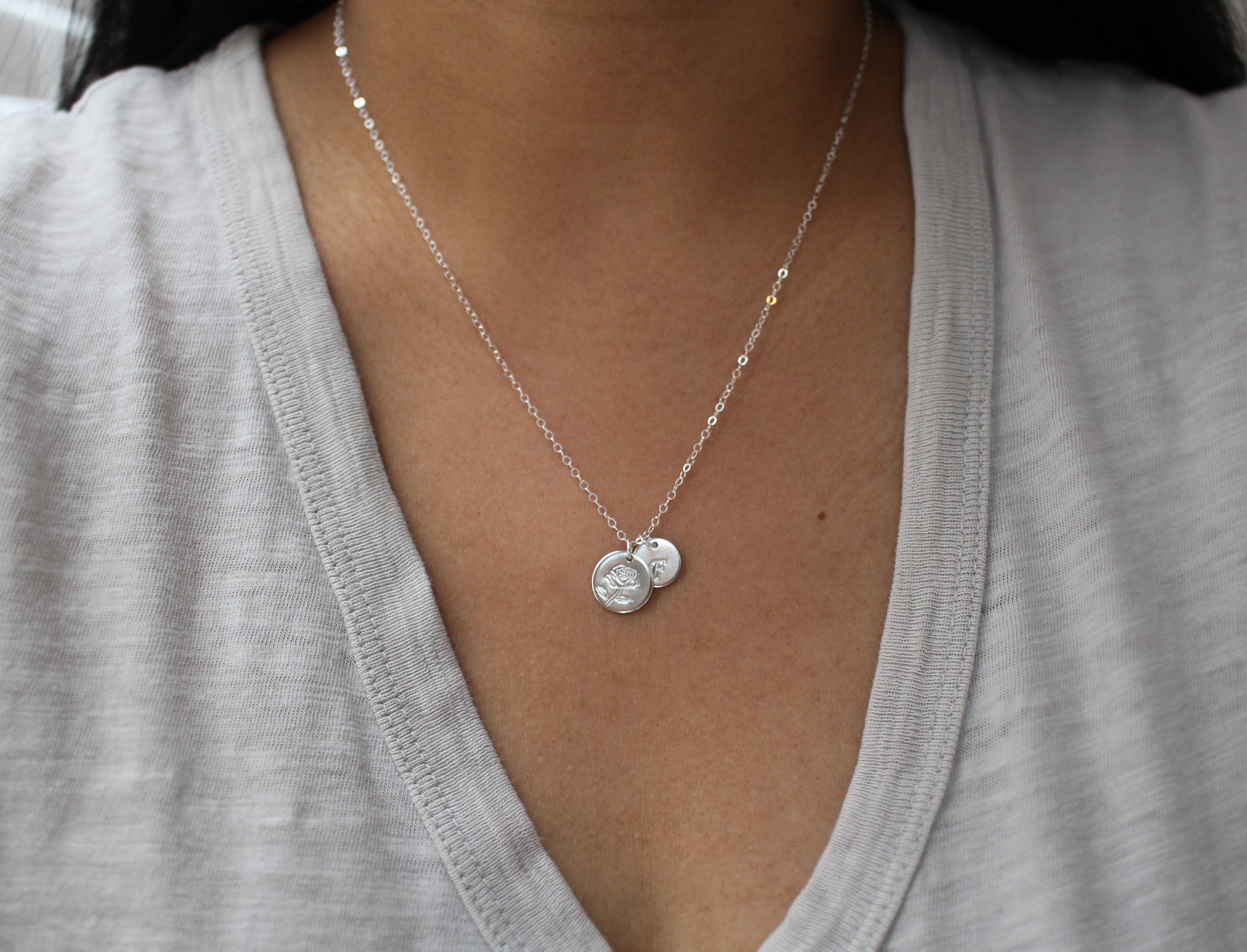 Silver Rose Necklace Rose Charm Necklace Rose Disc Necklace | Etsy