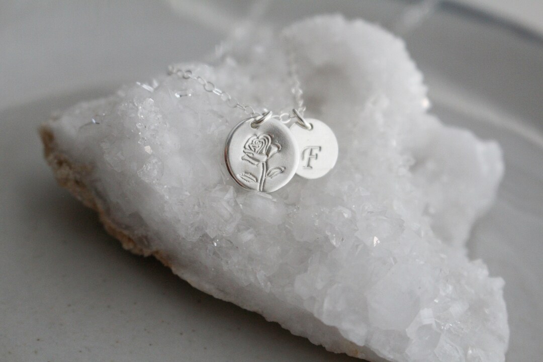 Sterling Silver Rose Disc Necklace, Initial Charm - Etsy
