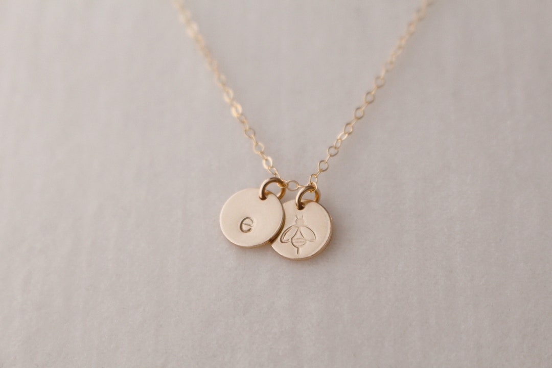 Bee Necklace, Initial Disc Necklace, Tiny Bee Disc Necklace, Bee Disc ...