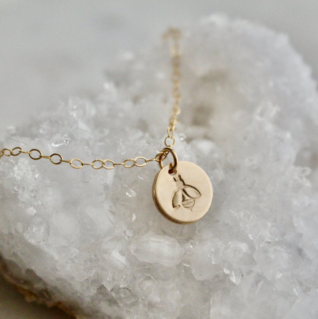 Gold Honey Bee Necklace, Bumblebee Necklace, Tiny Bee Disc Necklace ...