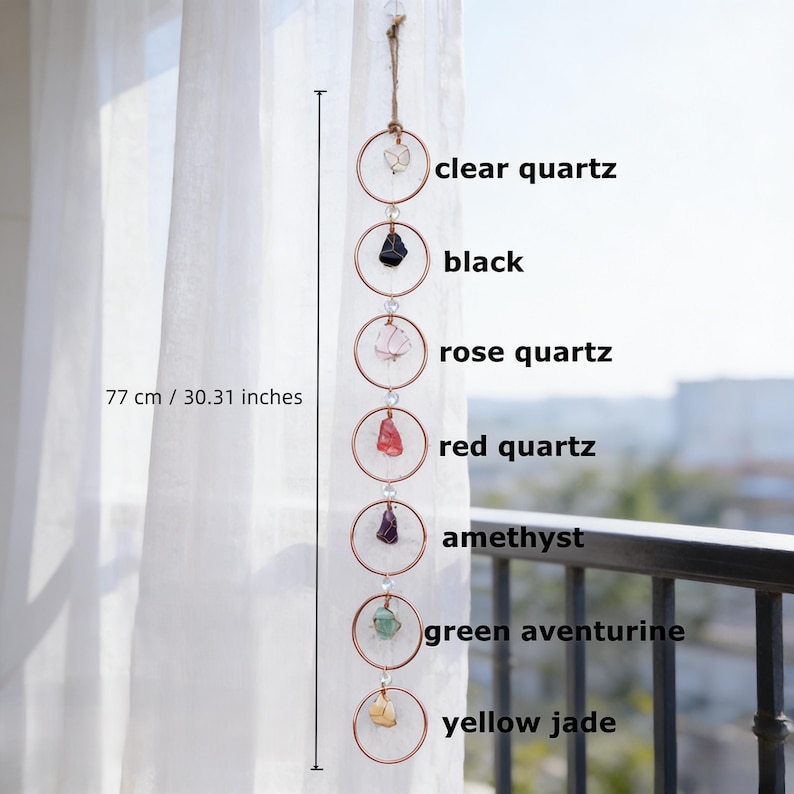 7 Chakra Raw Crystal Wall Hanging, Copper Ring Suncatcher, Boho ...