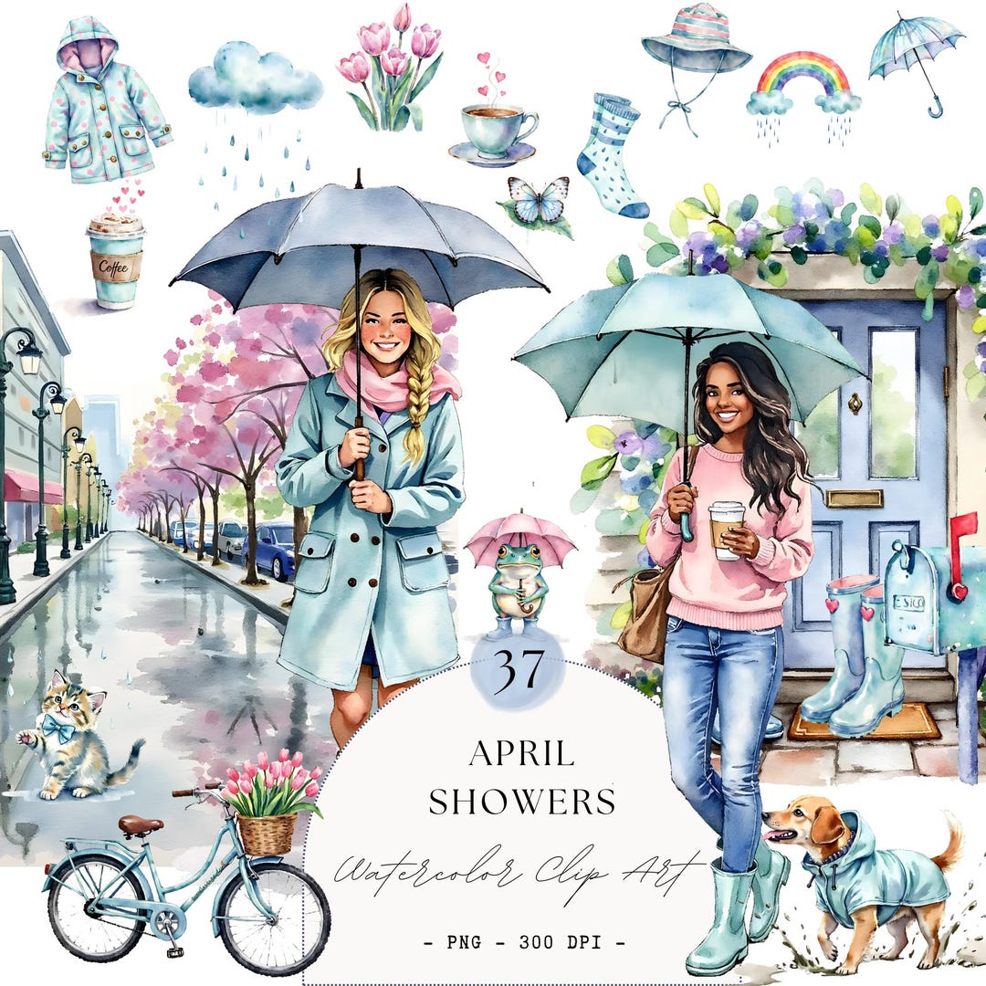 April Showers Watercolor Clip Art | Pastel Rainy Day Stickers (digital ...