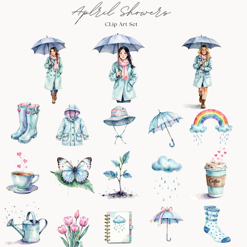 April Showers Watercolor Clip Art | Pastel Rainy Day Stickers (digital ...