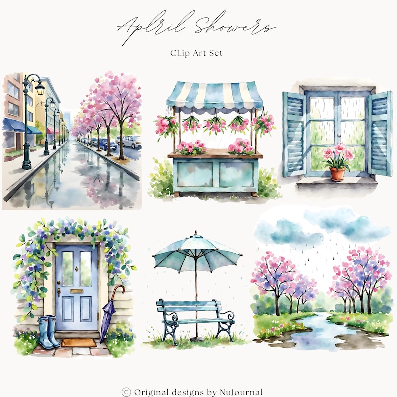 April Showers Watercolor Clip Art | Pastel Rainy Day Stickers (digital ...