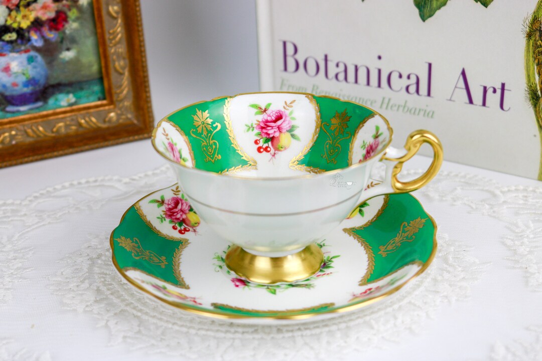ON SALE E.B. Foley Green and White Panel Teacup and Saucer With Flowers ...