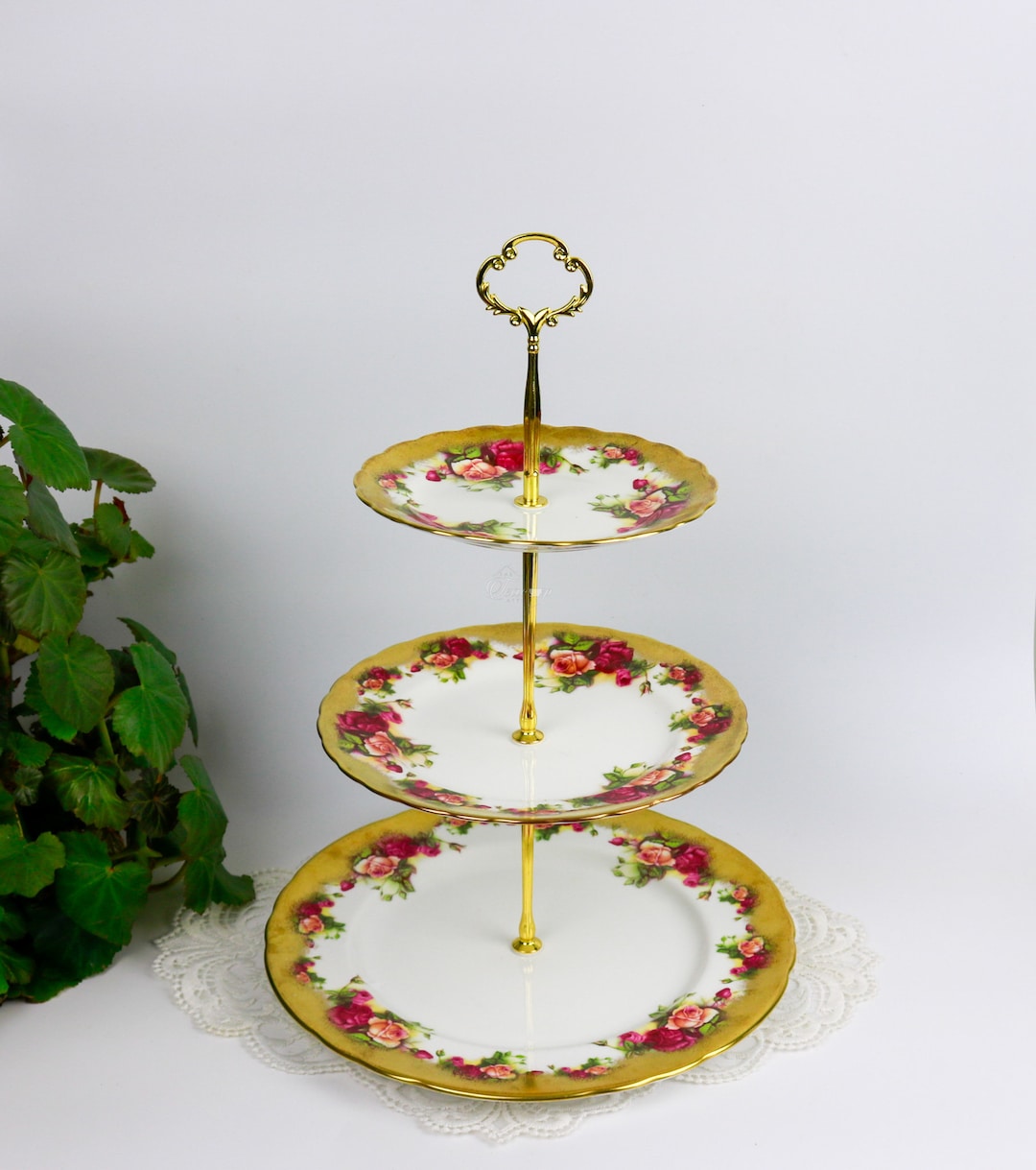 Royal Chelsea Golden Rose 3-tiered Cake Stand, English Bone China Cake ...