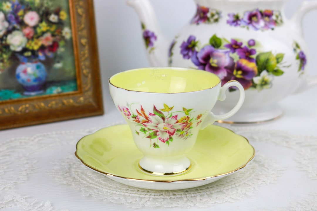 E.B. Foley Pale Yellow and Teacup and Saucer With Orchids, Vintage Tea ...