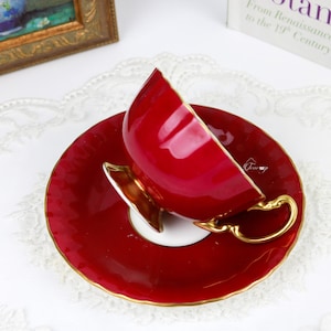 Aynsley Red Teacup and Saucer Pink Rose, English Bone China Tea Cup and ...