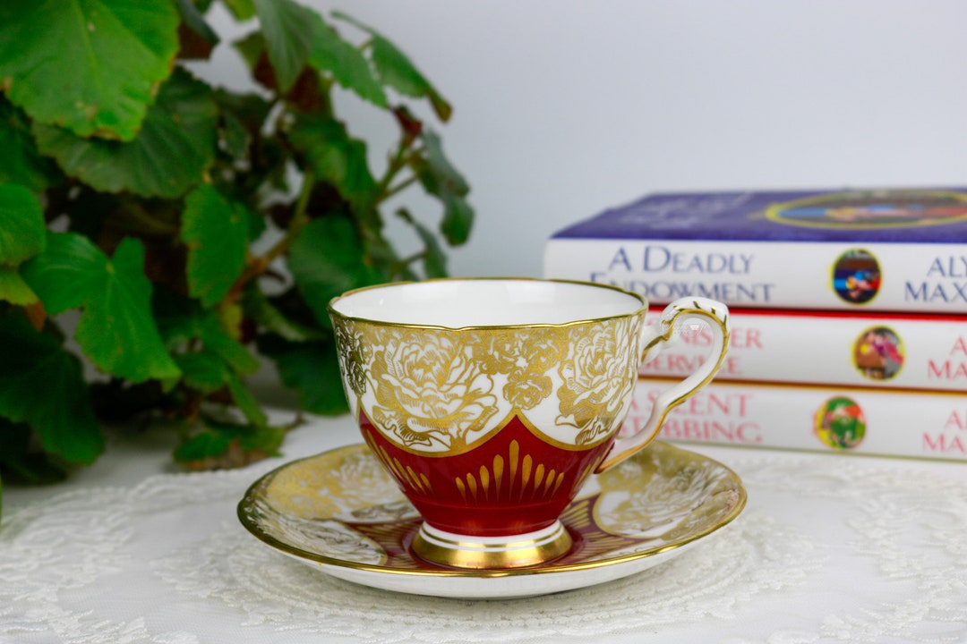 Royal Stafford Red and Gold Teacup and Saucer, English Bone China Tea ...