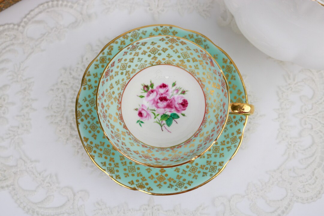 Staffordshire Pale Blue and Gold Teacup and Saucer With Pink Roses ...