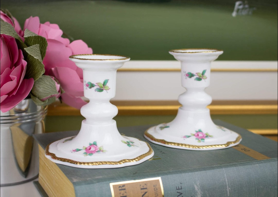 Spode Billingsley Rose Spray Candlesticks, English Vintage Candlesticks ...