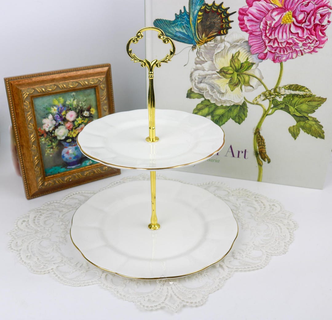 Royal Albert White and Gold 2-tiered Cake Stand, English Bone China ...