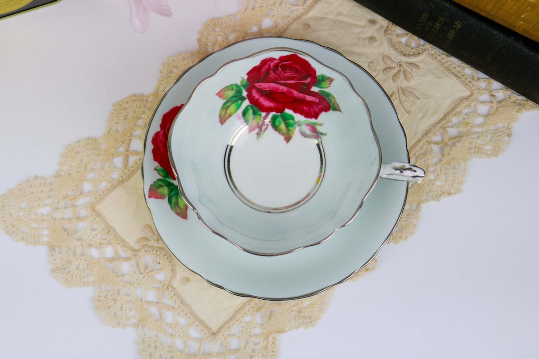 Paragon Pale Blue Teacup and Saucer Signed Reg Johnson With Large Red ...
