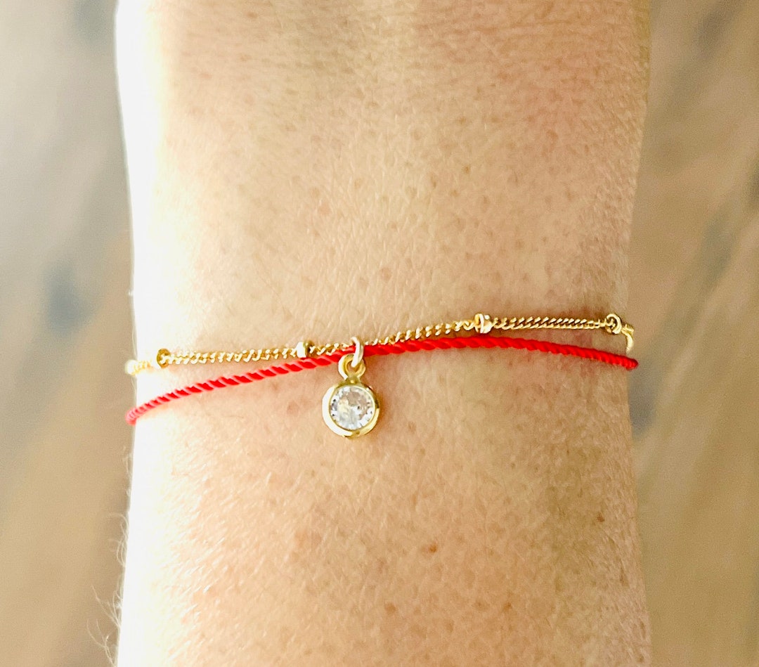 Red String and Satellite Chain With Crystal Layering Bracelet in Gold ...