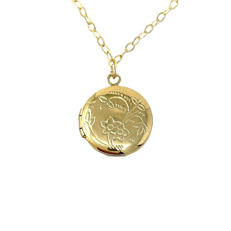 Small Round Gold Locket Necklace – Dainty 14k Gold Fill – Floral ...