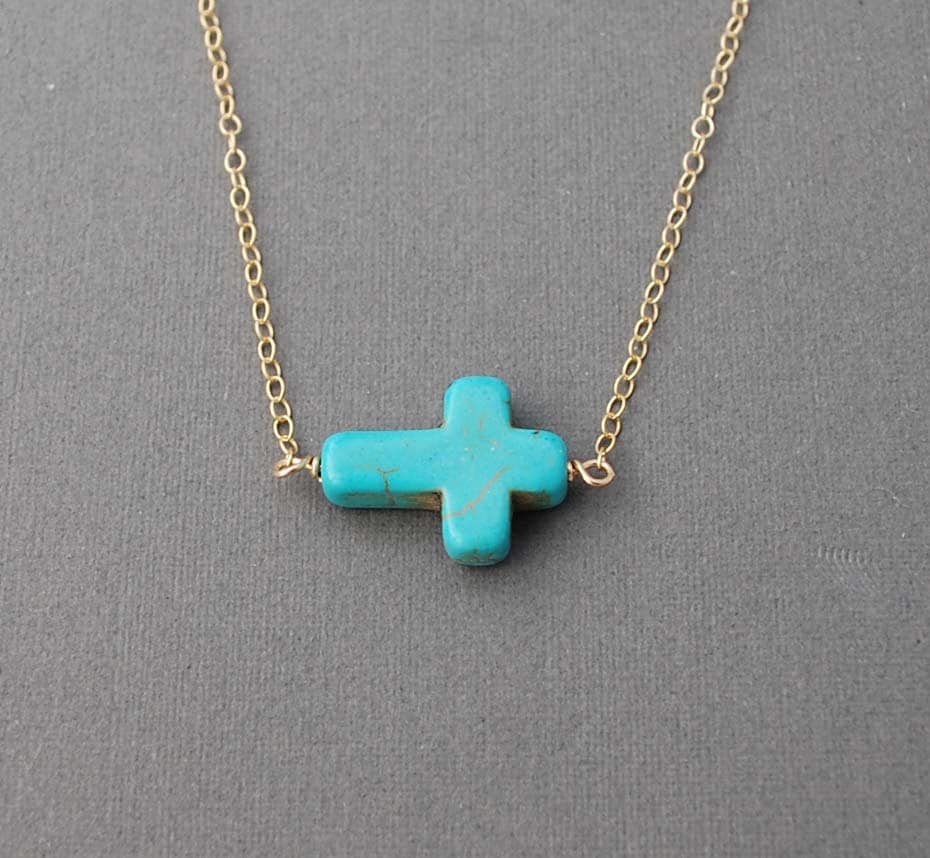 Horizontal Sideways Turquoise Cross Necklace in Gold Rose - Etsy