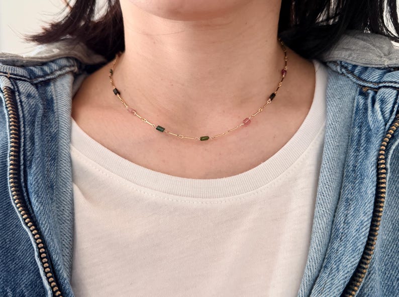 Tourmaline Bar Beaded Chain Necklace – 14k Gold Fill or Sterling Silver ...