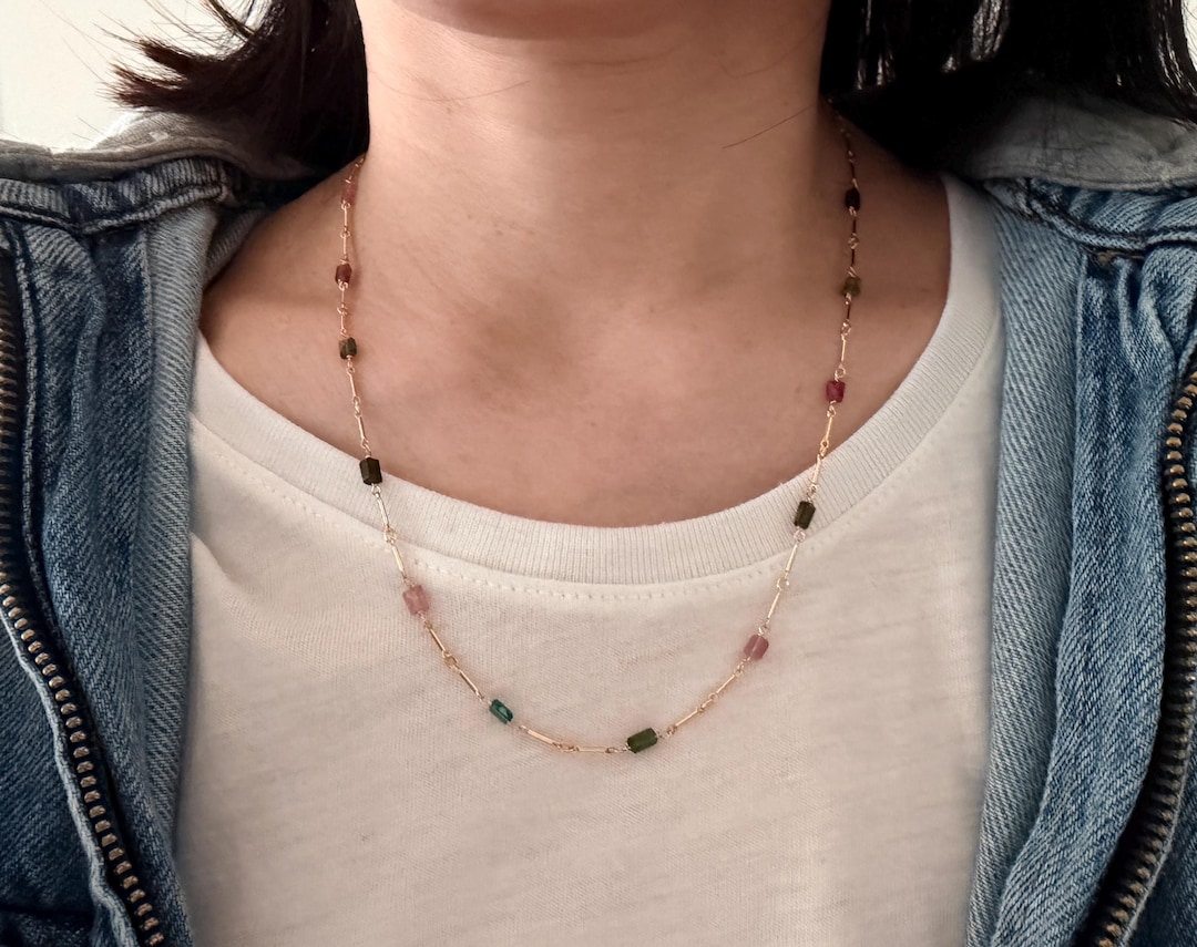 Tourmaline Bar Beaded Chain Necklace – 14k Gold Fill or Sterling Silver ...