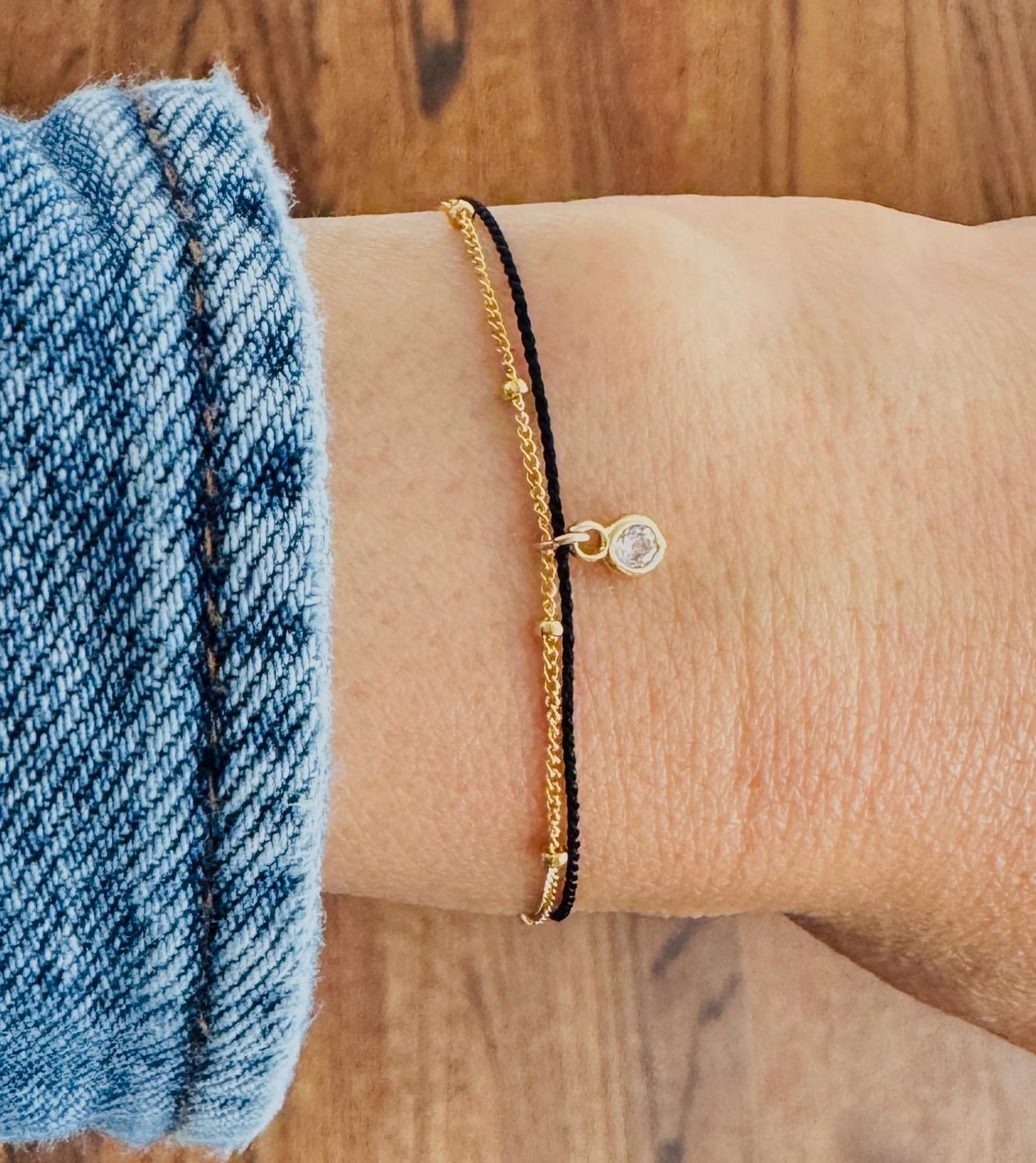 Red String and Satellite Chain With Crystal Layering Bracelet in Gold ...