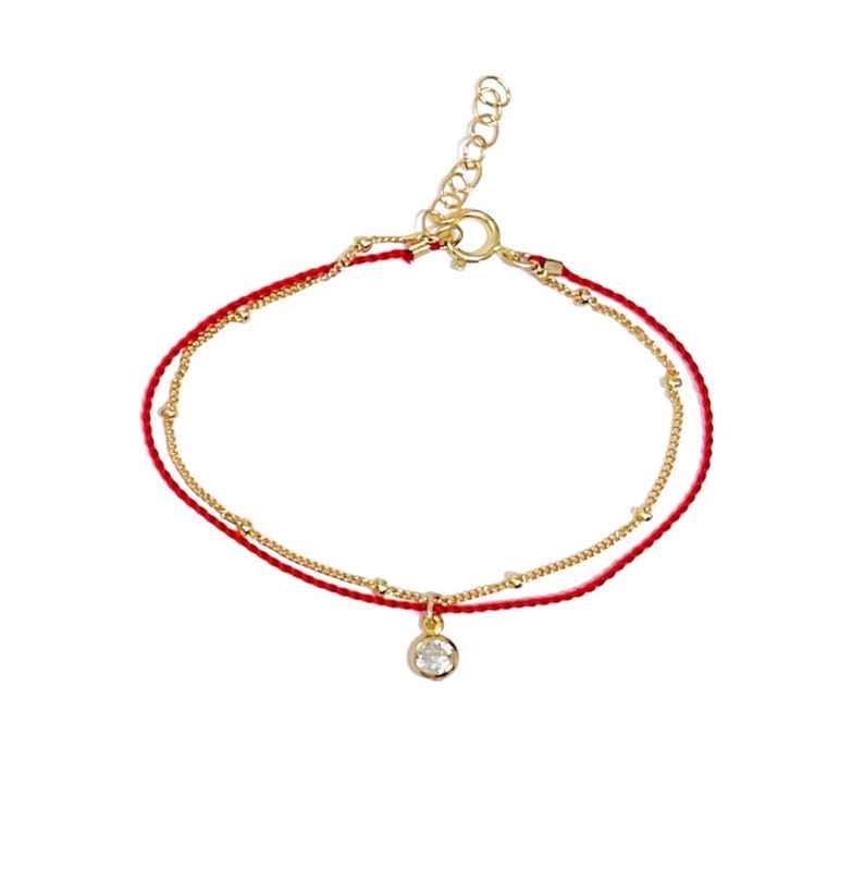 Red String and Satellite Chain With Crystal Layering Bracelet in Gold ...