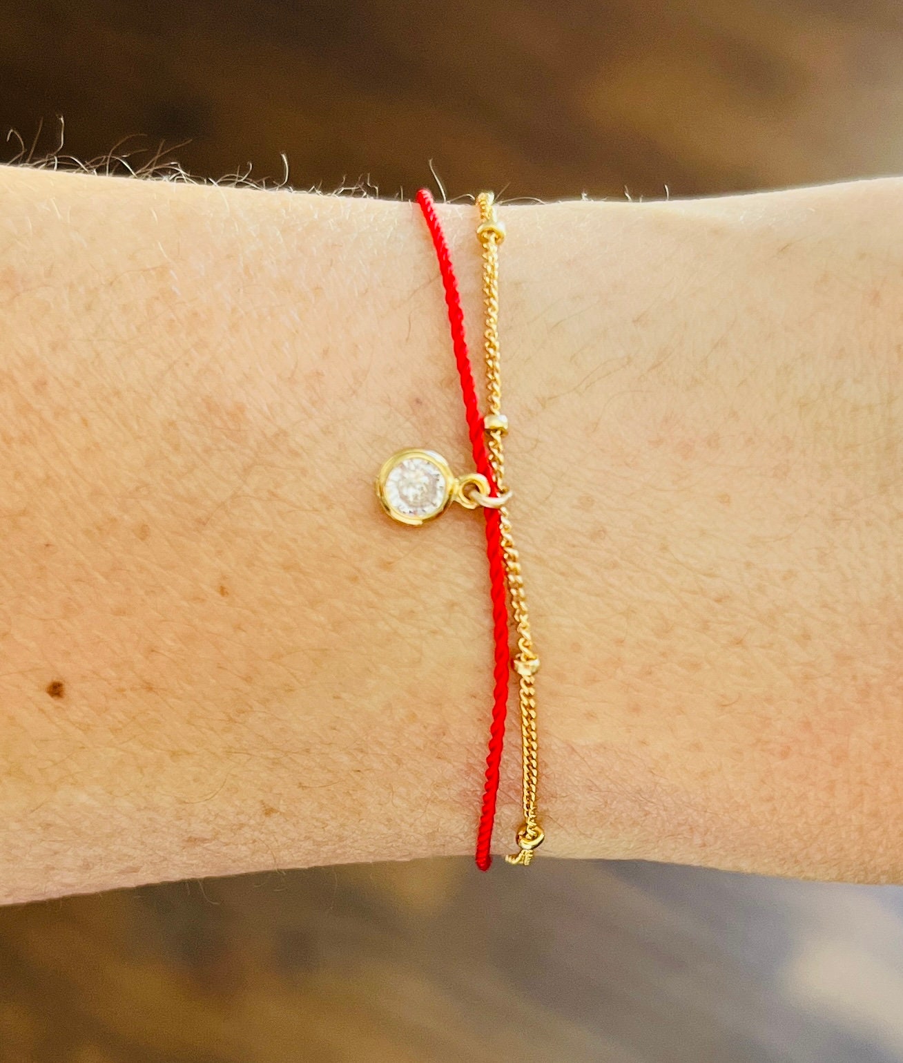 Red String and Satellite Chain With Crystal Layering Bracelet in Gold ...
