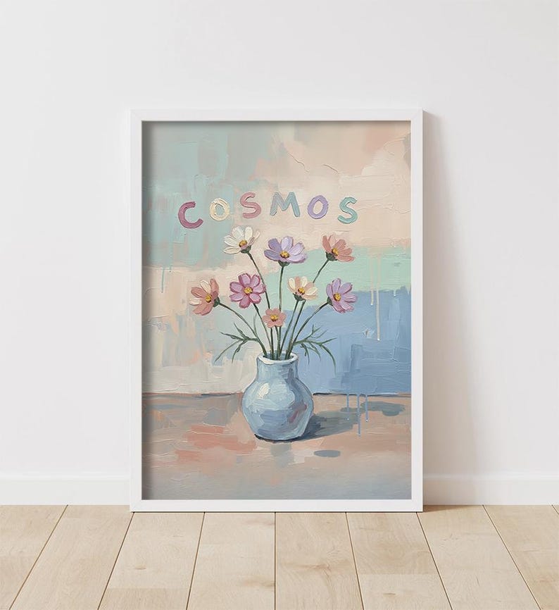 Cosmos Floral Print – Naive Oil Painting Style Poster, Pastel Botanical ...