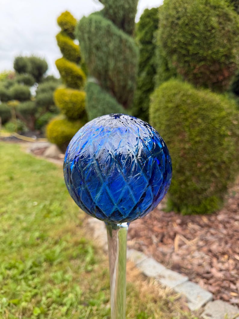 70cm Blue Glass Garden Ball on Stake – Cobalt Gazing Ball – Hand Blown ...