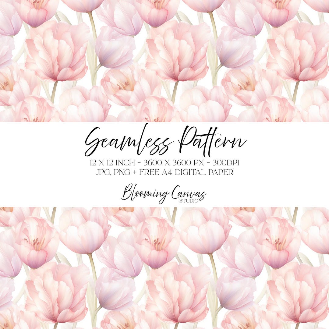 Pink Tulip Floral Seamless Pattern, Watercolour Spring Flowers, Pastel ...
