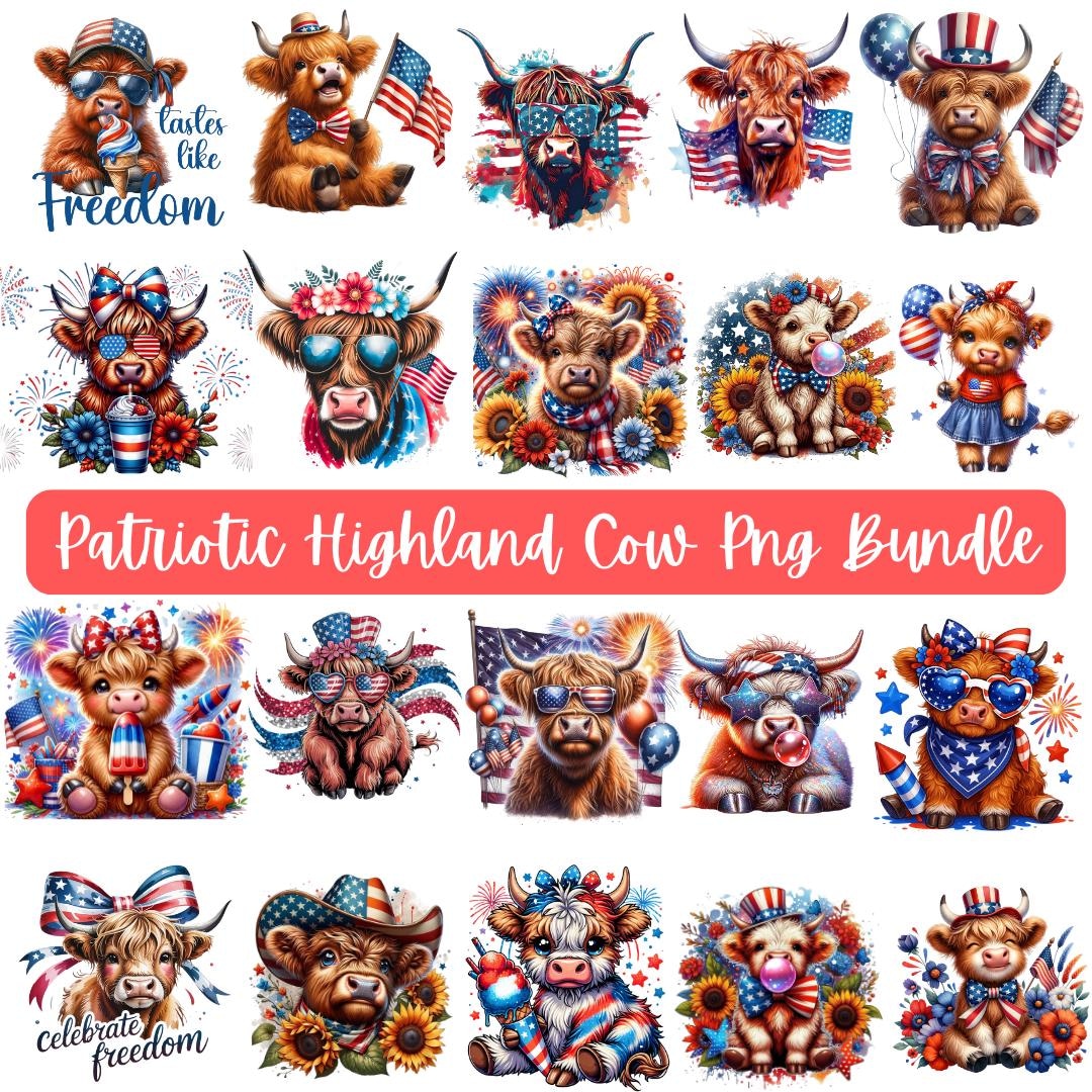 Patriotic Highland Cow Clipart Bundle: American Pride PNG (commercial ...