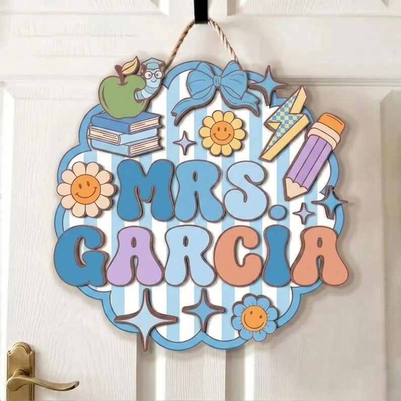 Custom 3D Teacher Name Sign, Blue Striped Wood Door Hanger, Retro Green ...
