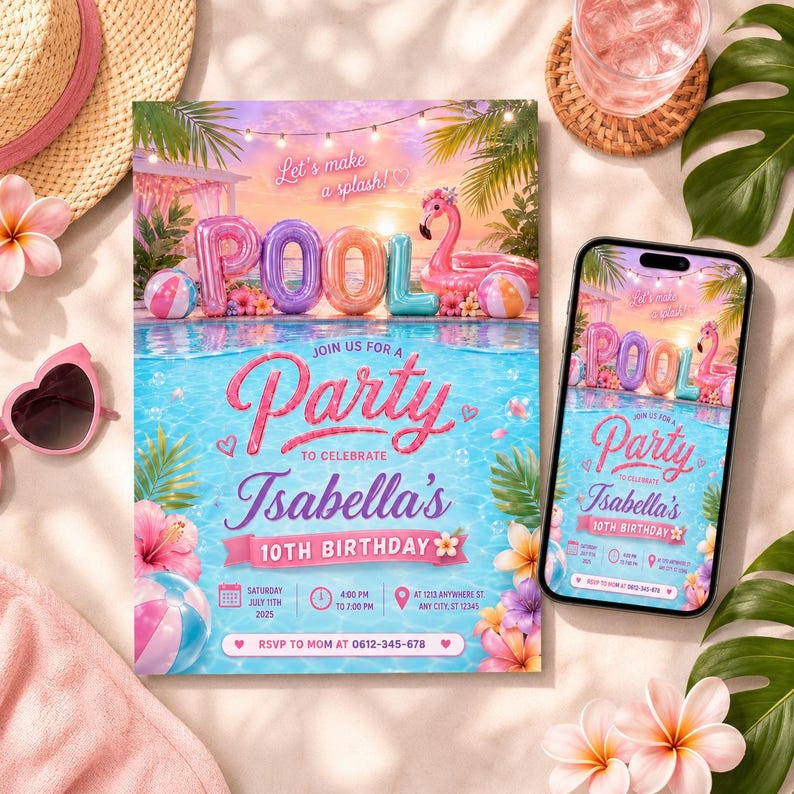 Flamingo Pool Party Birthday Invitation, Girls Pink Summer Pool Party ...