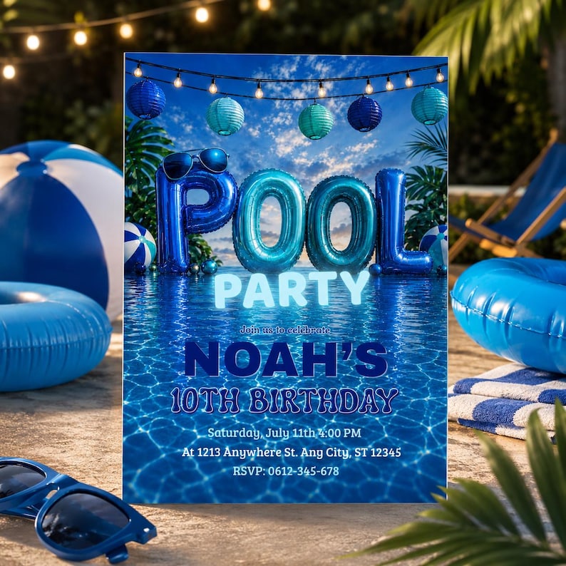 Boy Pool Party Birthday Invitation, Blue Swimming Party Invite, Kids ...