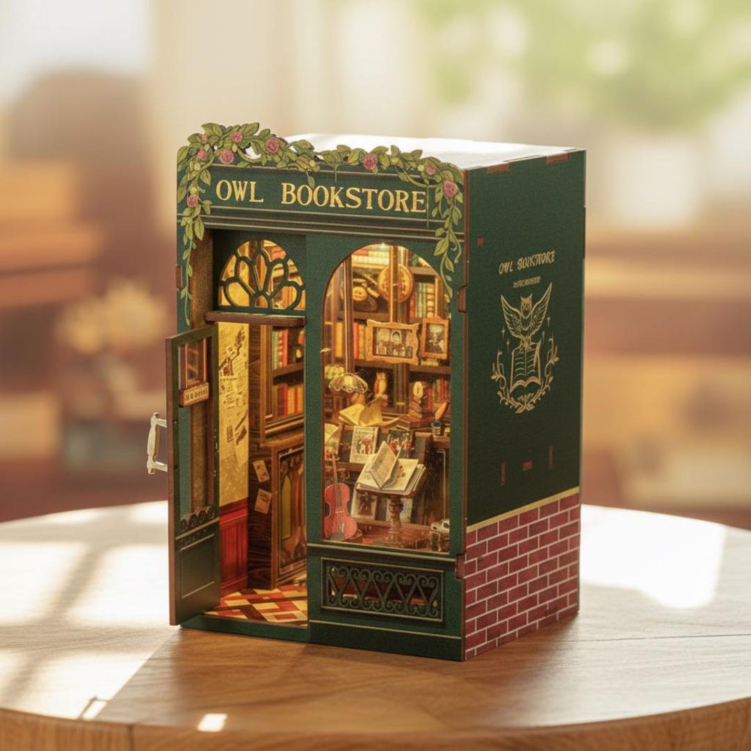Owl Bookstore Book Nook DIY Miniature Kit Bookshelf Insert, Wooden ...