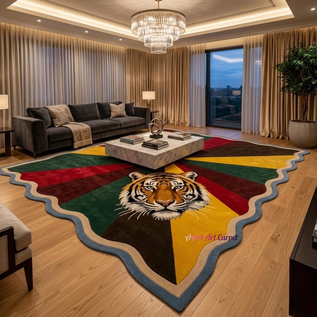 Hand Tufted Tiger Head Rug – Multicolor Geometric Irregular Area Rug ...