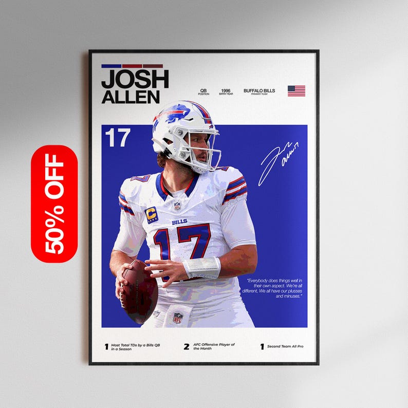 Josh Allen Poster, Buffalo Bills Wall Art, NFL Quarterback Print ...