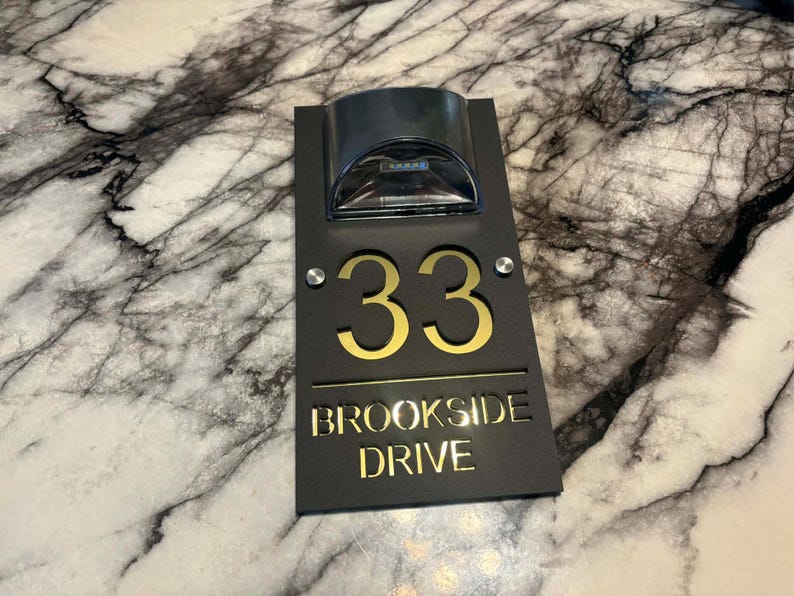 Modern House Sign With Solar Light | Mirror Marble Property Number Door ...