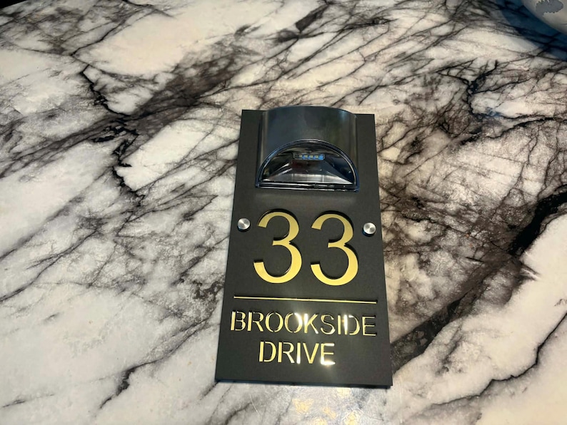 Modern House Sign With Solar Light | Mirror Marble Property Number Door ...