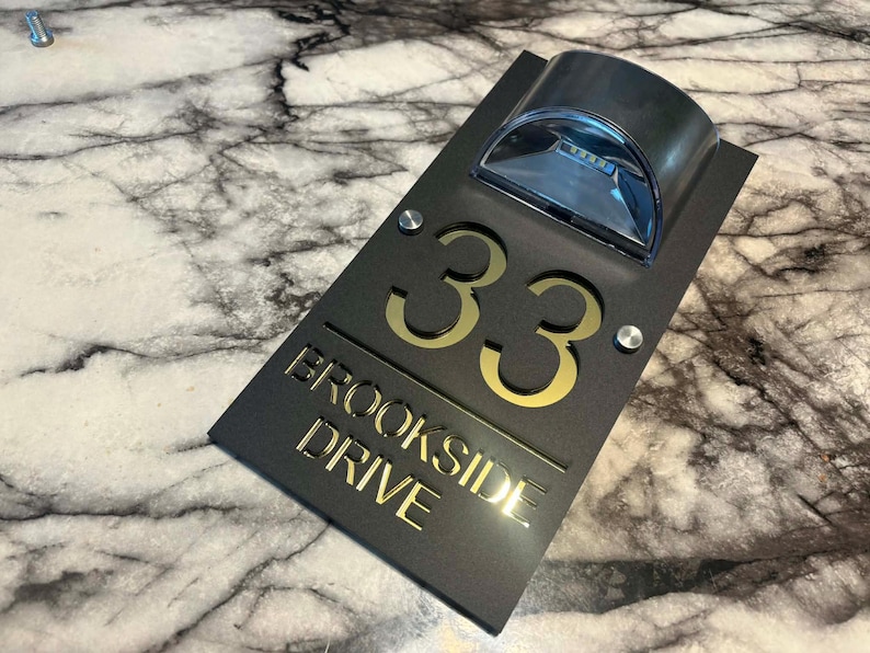 Modern House Sign With Solar Light | Mirror Marble Property Number Door ...