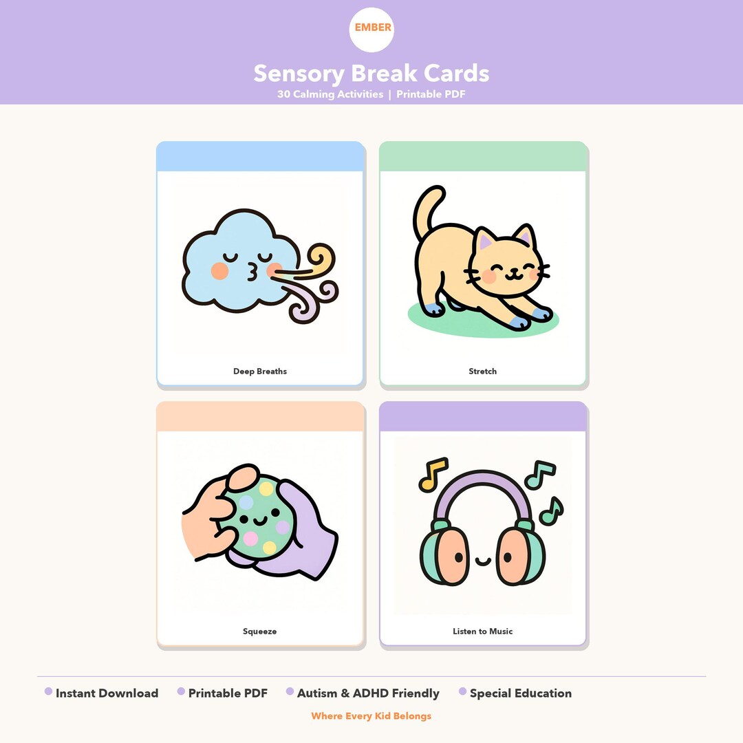 Sensory Break Cards Printable Autism ADHD Calming Activities Special ...
