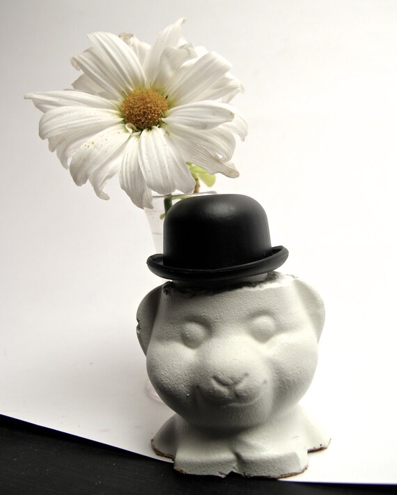 Bowler Bear: Small Concrete Sculpture Painted Warm White | Etsy