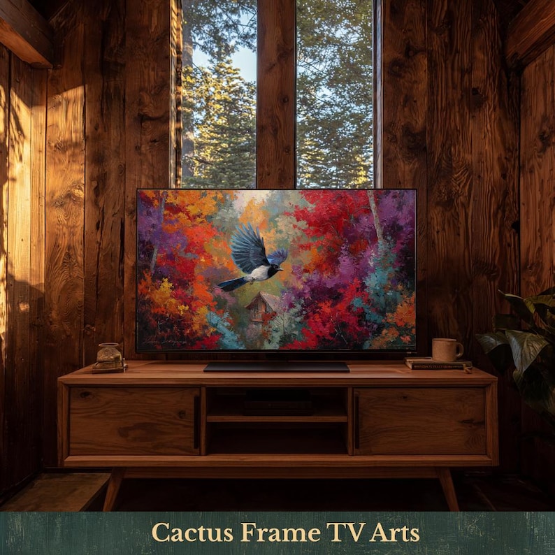 Blue Jay Samsung Frame TV Art, Autumn Forest Birdhouse Oil Painting 4K ...