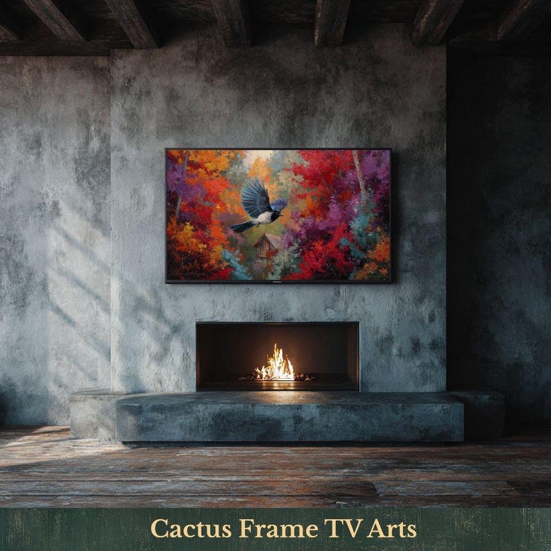 Blue Jay Samsung Frame TV Art, Autumn Forest Birdhouse Oil Painting 4K ...