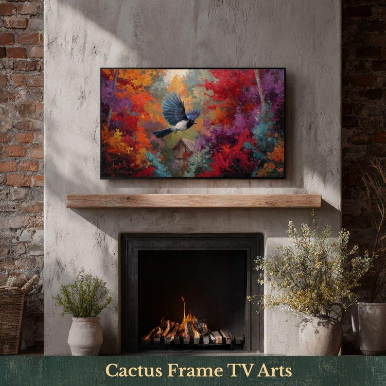 Blue Jay Samsung Frame TV Art, Autumn Forest Birdhouse Oil Painting 4K ...