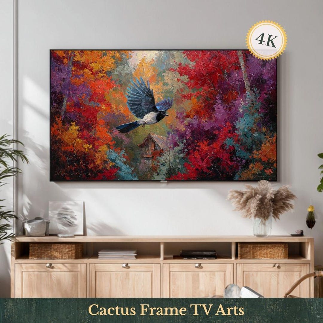 Blue Jay Samsung Frame TV Art, Autumn Forest Birdhouse Oil Painting 4K ...
