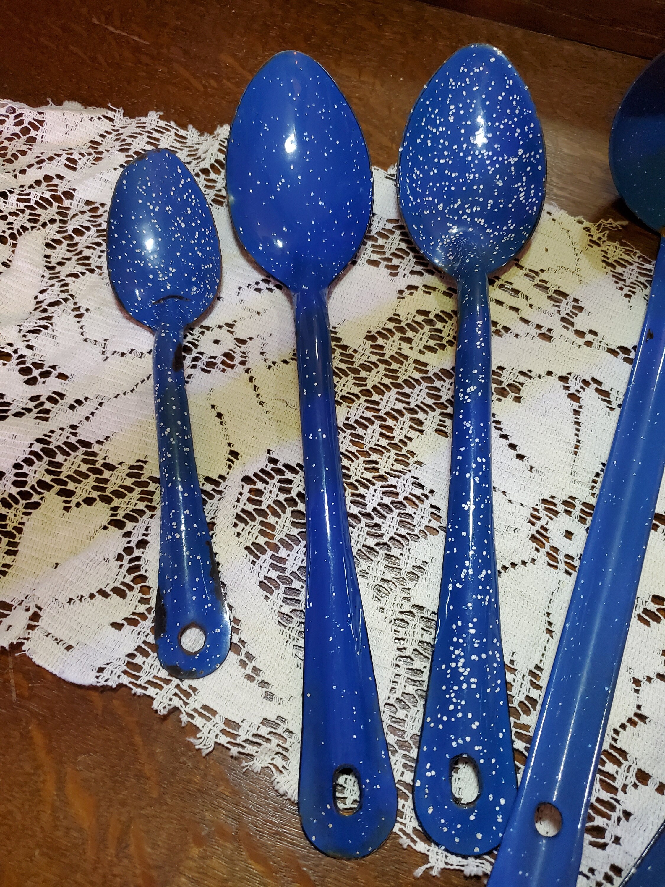 Blue Spatter Ware Utensils Set of 5, Camping Utensils, Vintage ...