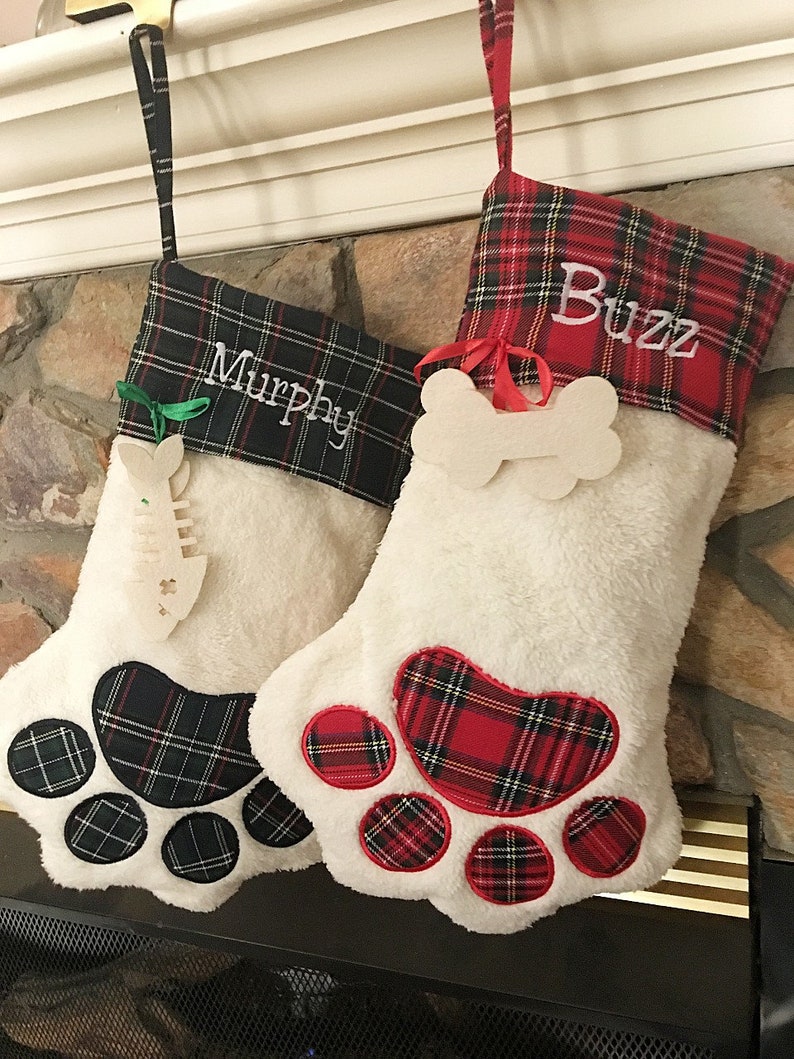 Personalized Pet Christmas Stocking: Embroidered Buffalo Plaid Paw - Etsy