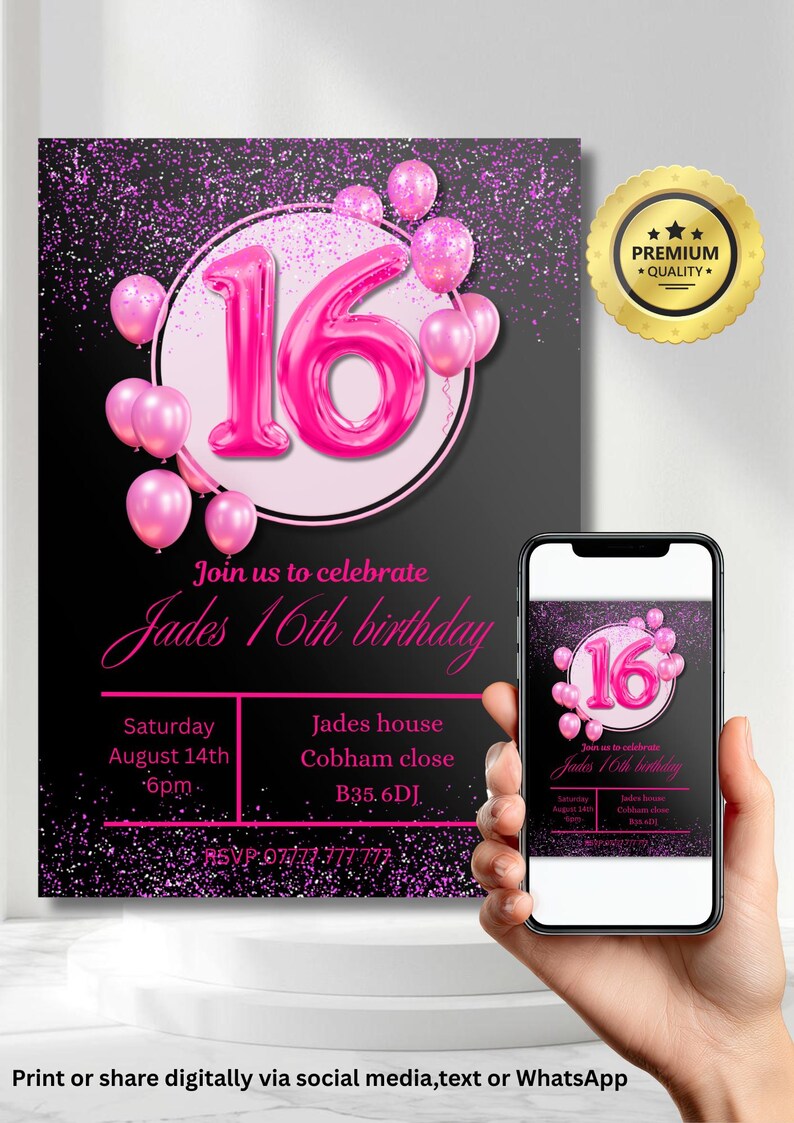 16th Birthday Invitation, Pink Gold Glitter, Editable Canva Template ...